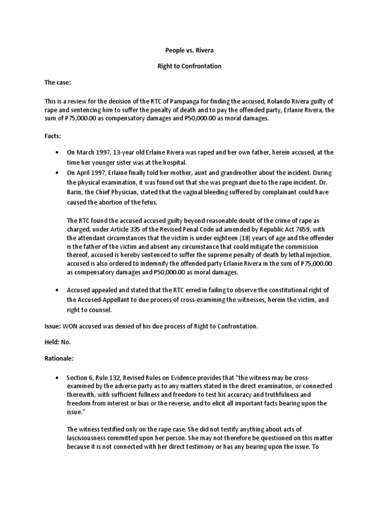 Right to Confrontation Case Review: People vs. Rivera | PDF | Witness ...