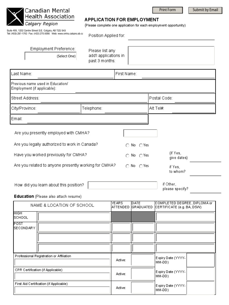 CMHA Employment Application 2011 | PDF | Justice | Crime & Violence