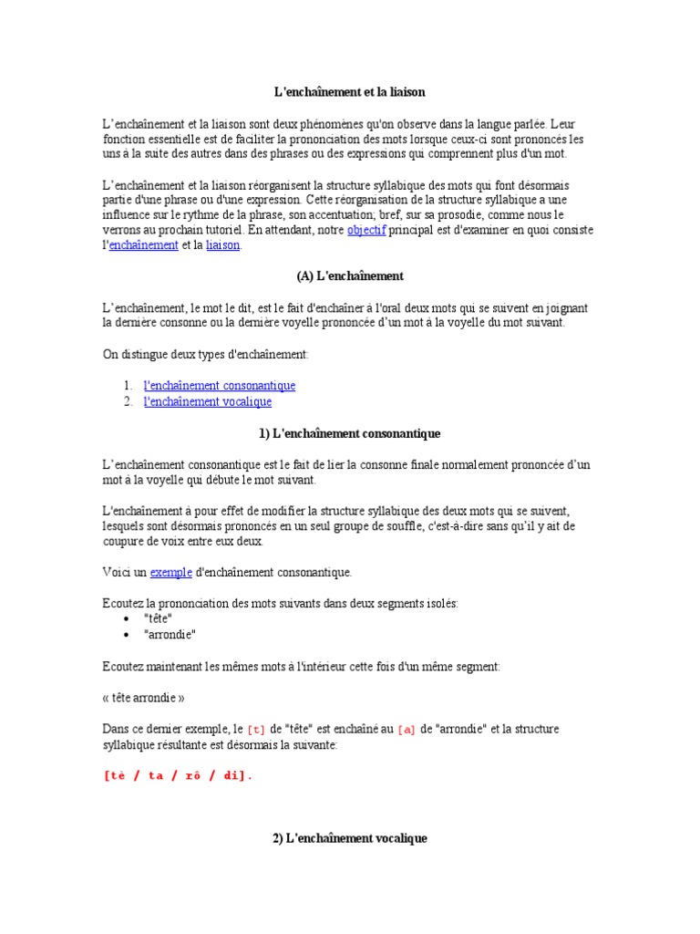 L'Enchainement Et La Liaison | PDF | Pronom | Nombre grammatical