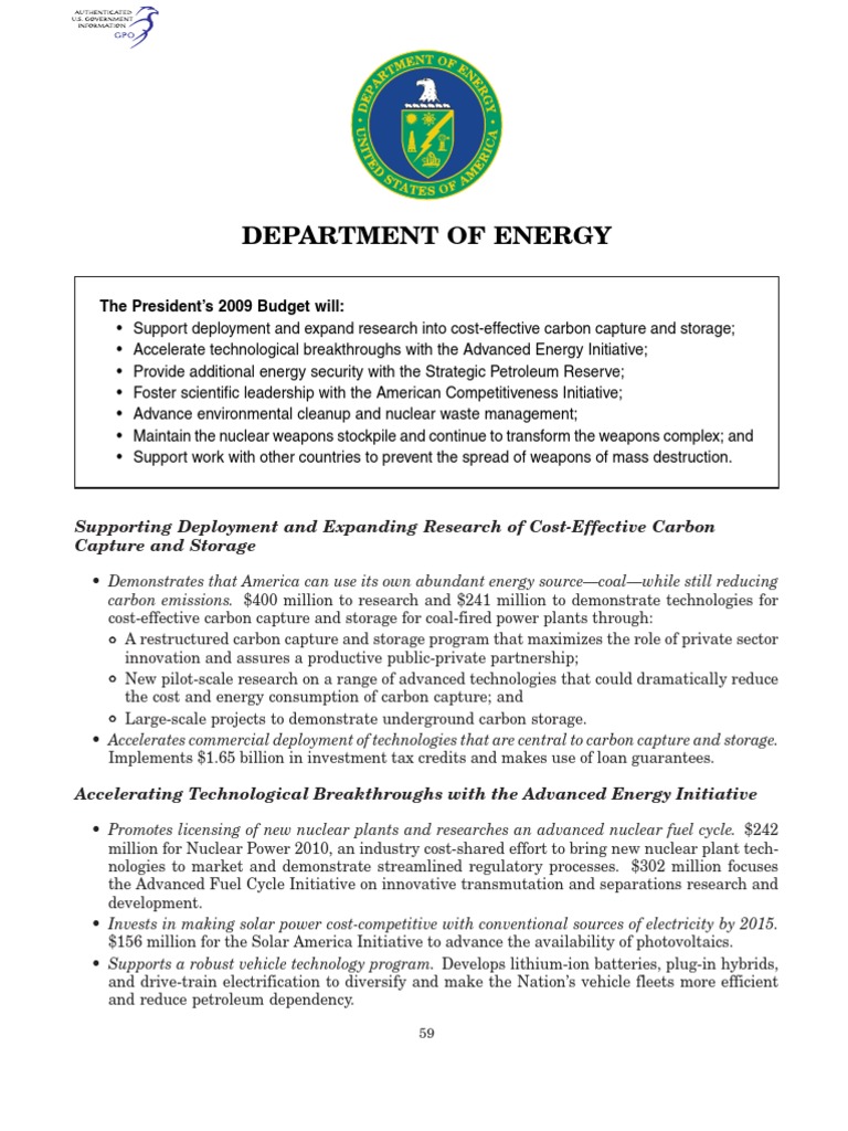 Department of Energy: The President's 2009 Budget Will | PDF | Carbon ...