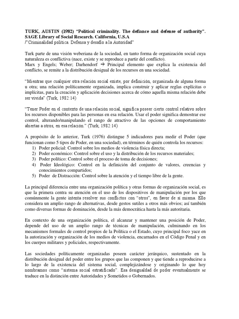 TURK, Austin (1982) Political Criminality | PDF | Policía | Delito