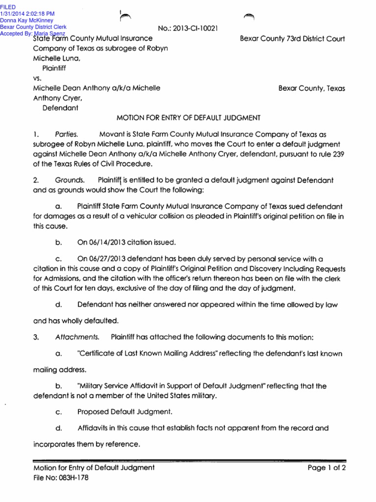 Motion of Entry For Default Judgment Against Michelle Anthony Cryer | PDF