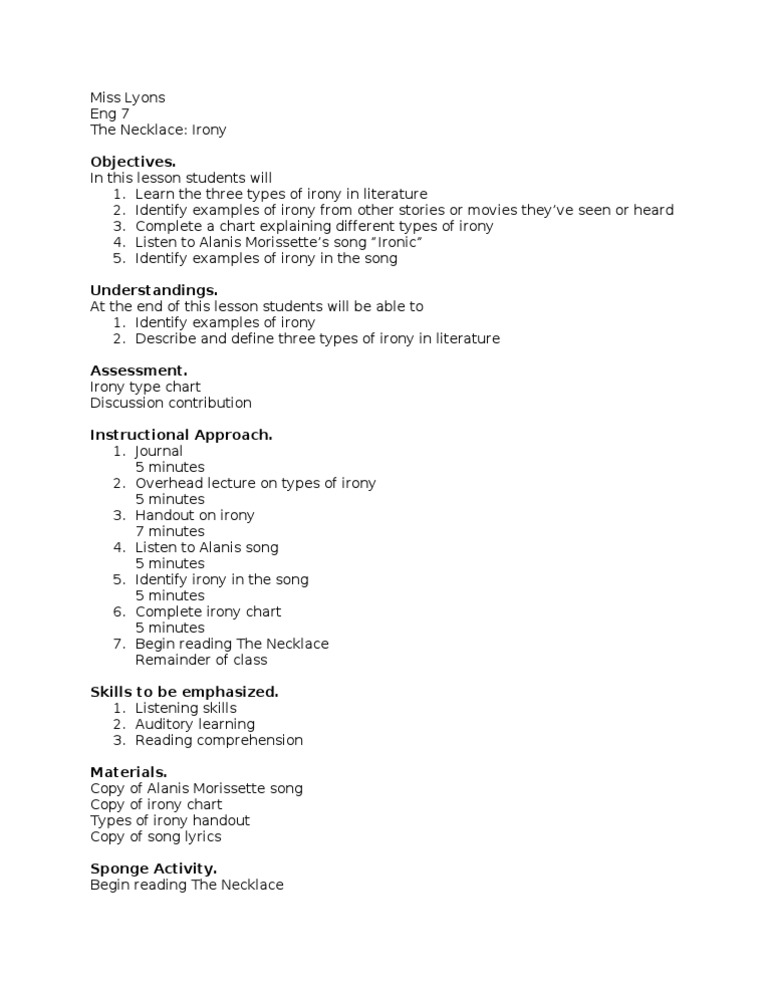 The Necklace: Irony Lesson | PDF | Language Arts & Discipline | General ...