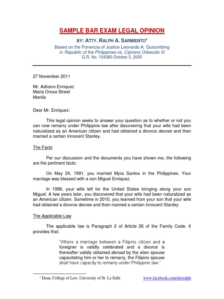 Sample Legal Opinion by Atty. Ralph Sarmiento | PDF | Marriage | Divorce