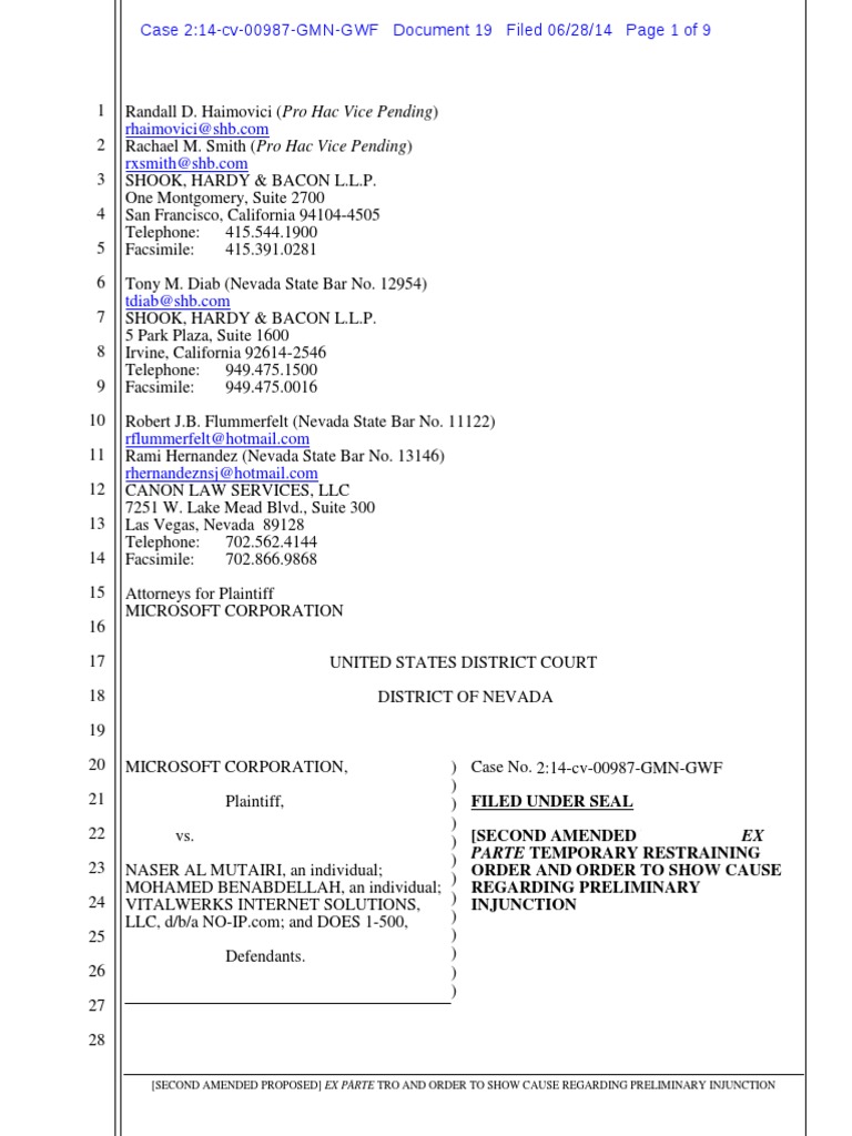 Microsoft Ex Parte TRO and Injunction Order | PDF | Domain Name | Complaint