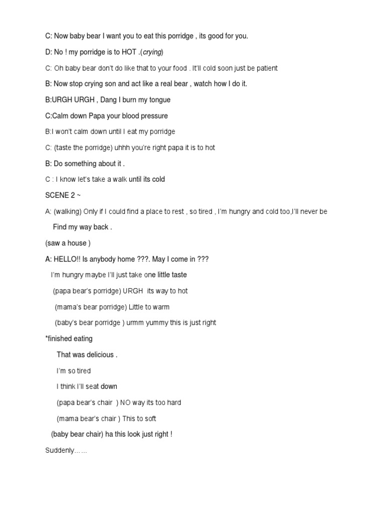 The Story of Goldilocks and Three Bears Dialogue | PDF