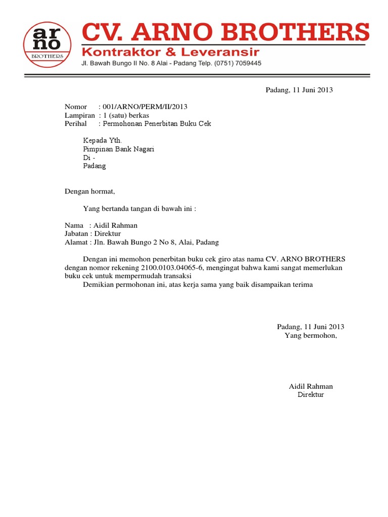 Surat Permohonan Penerbitan Cek | PDF