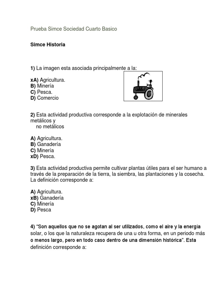Prueba Simce Sociedad Cuarto Basico | PDF | Agricultura | Chile