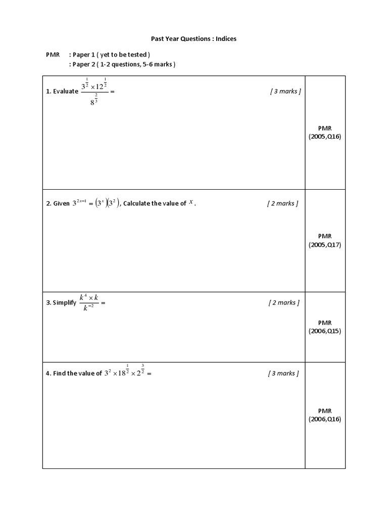 Past Year Questions: Indices | PDF
