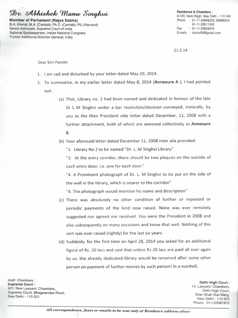 Letter by Dr. Singhvi To PH Parekh | PDF | Government