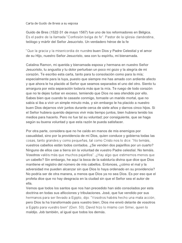 Carta de consuelo y esperanza de Guido de Bress a su esposa antes de su ...