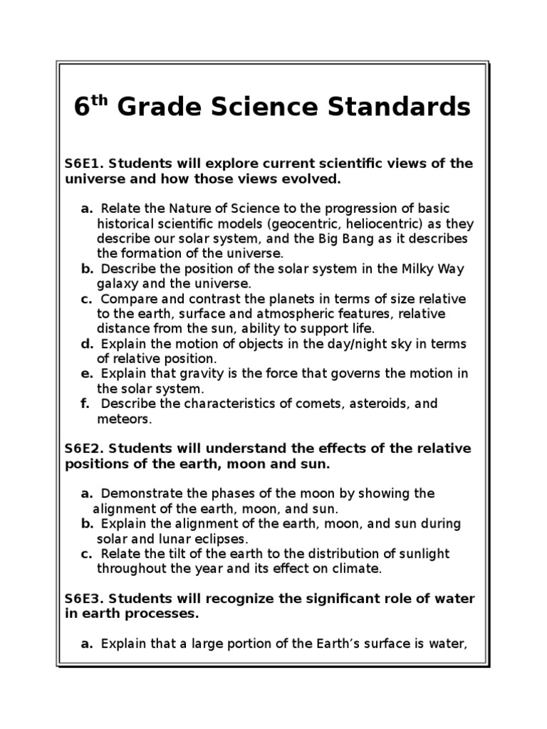 6th Grade Science Standards | PDF | Moon | Earth