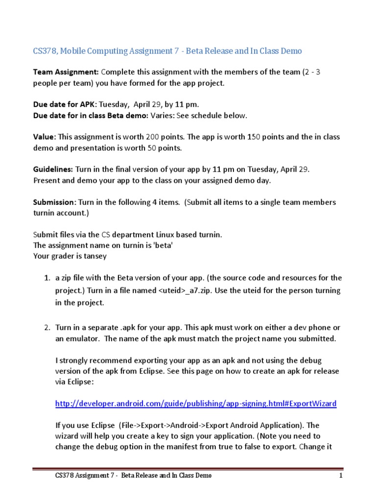 CS378, Mobile Computing Assignment 7 - Beta Release and in Class Demo ...