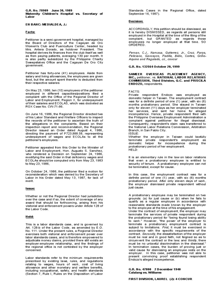 Labor Standards Digests (Azucena) | PDF | Eminent Domain | Employment