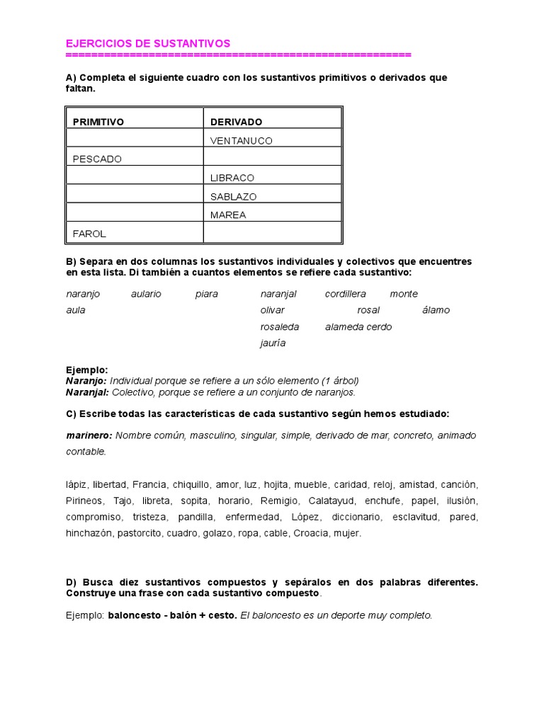 Ejercicios de Sustantivos Primarios y Derivados | PDF | Naturaleza