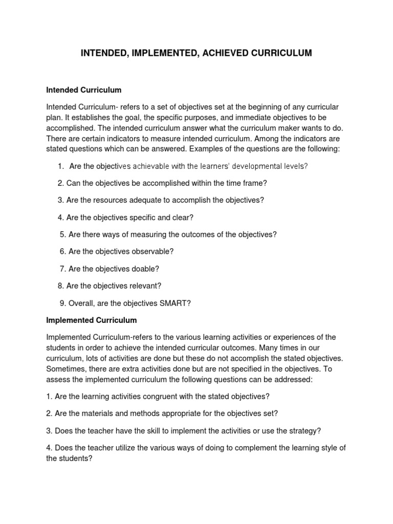 Intended, Implemented, Achieved Curriculum | Curriculum | Goal