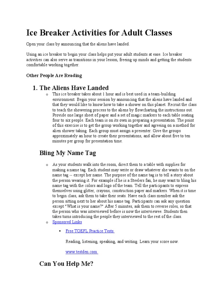 Ice Breakers For Adult Classes | PDF