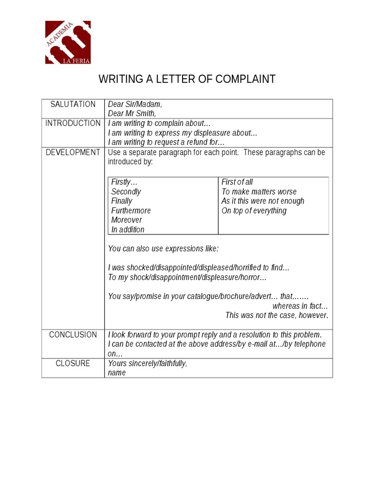 Writing a B2 Complaint Letter Guide | PDF