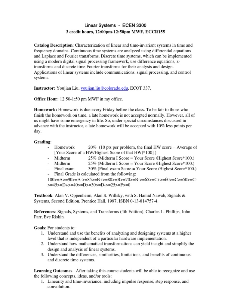 Linearsys Ecen 3300 Syllabus | PDF | Signal Processing | Applied Mathematics