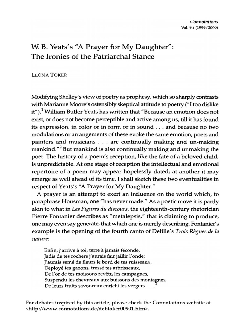 W B. Yeats's "A Prayer For My Daughter": The Ironies of The Patriarchal ...
