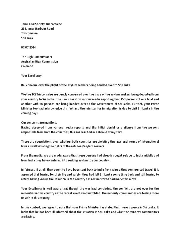 Letter to the High Commissioner | Refugee | Asylum Seeker
