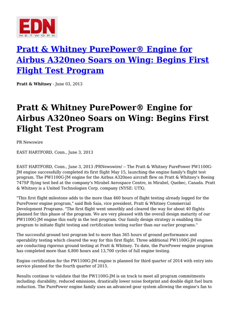 Pratt Whitney PurePower Engine For Airbus A320neo Soars On Wing Begins ...