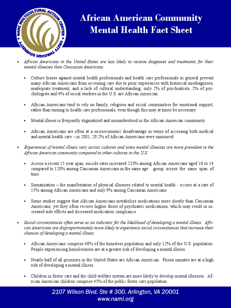 African American Community Health Fact Sheet | PDF | Mental Disorder ...