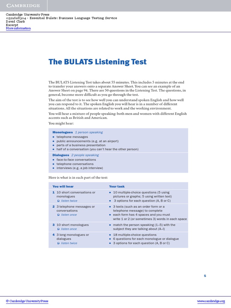 BULATS Listening Test Overview | PDF