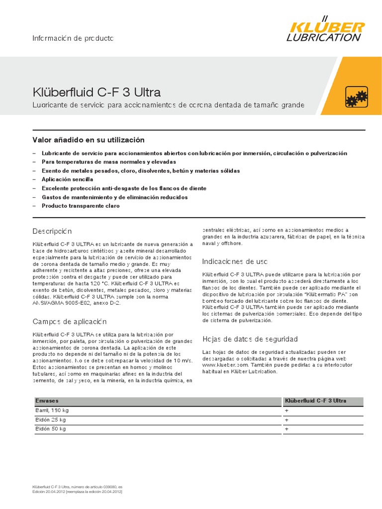 Kluberfluid C-f3 Ultra | Descargar gratis PDF | Lubricante | Cemento