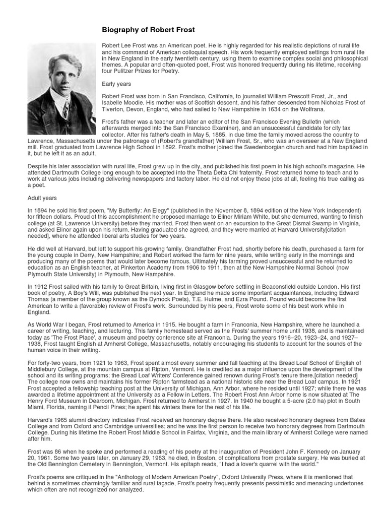 Biography of Robert Frost, Poem and Theme of Poems | Download Free PDF ...