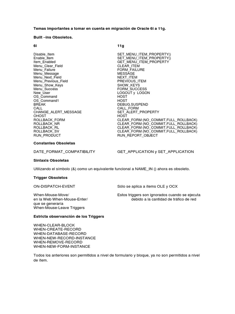 Temas Importantes A Tomar En Cuenta En Migración De Oracle 6i A 11g Pdf Pl Sql Java