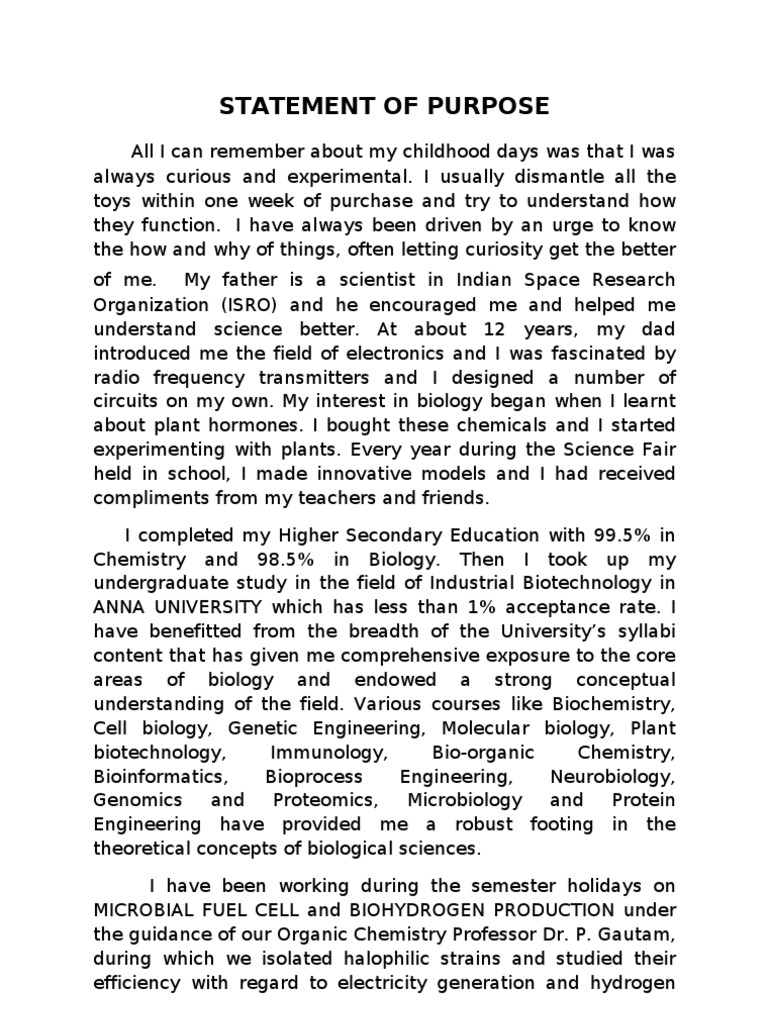 Statement of Purpose | PDF | Biotechnology | Biology