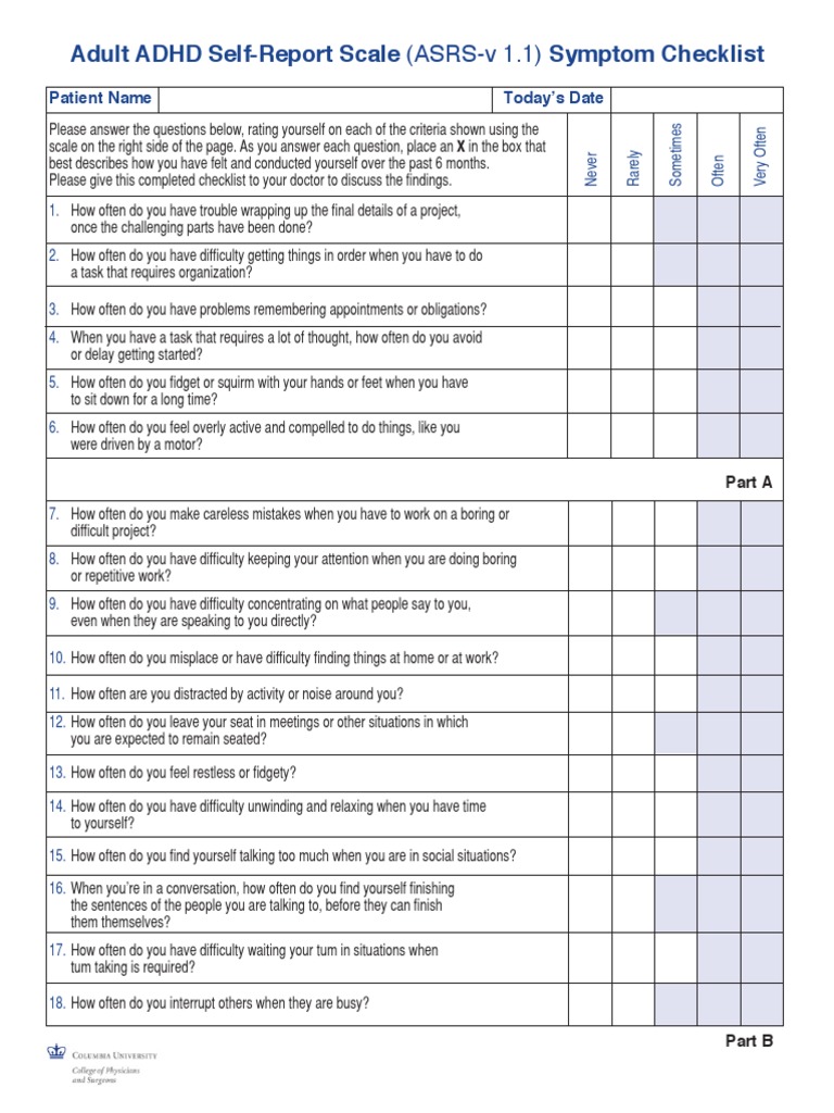 Adult ADHD Self-Report Scale (ASRS-V 1.1) Symptom Checklist | PDF | Self-Improvement | Wellness