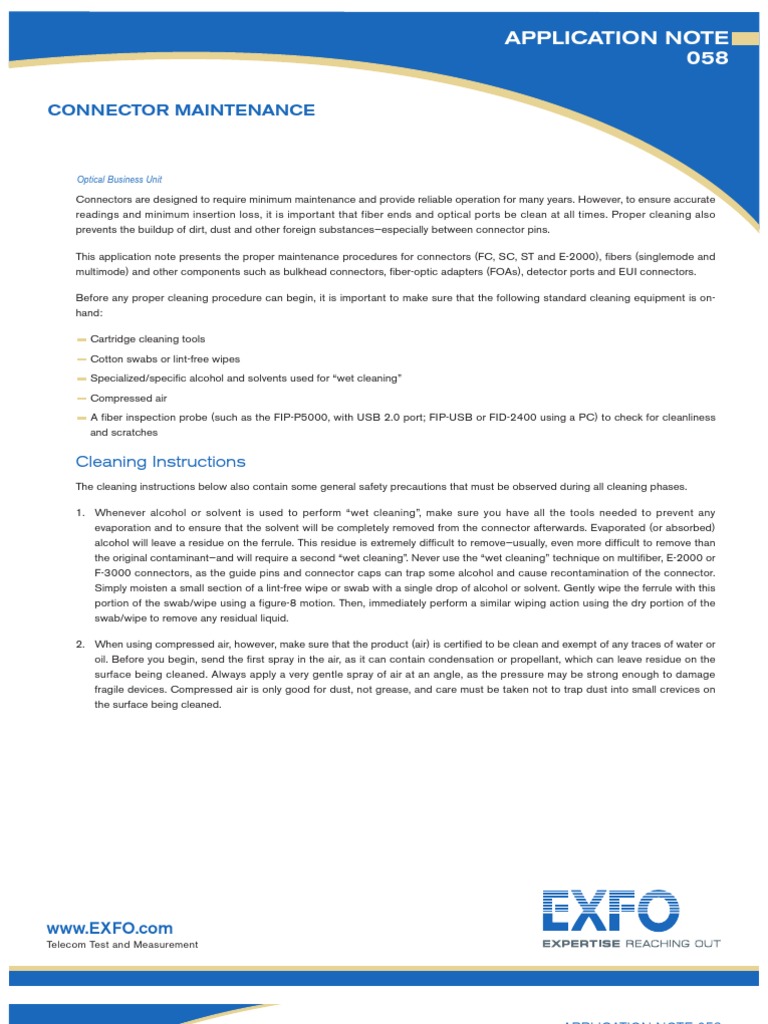 Connector Maintenance: Application Note 058 | PDF | Optical Fiber | Electrical Connector
