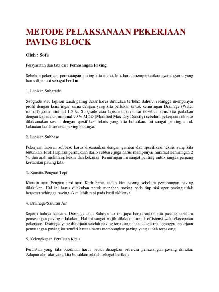 Metode Pelaksanaan Pekerjaan Paving Block | PDF