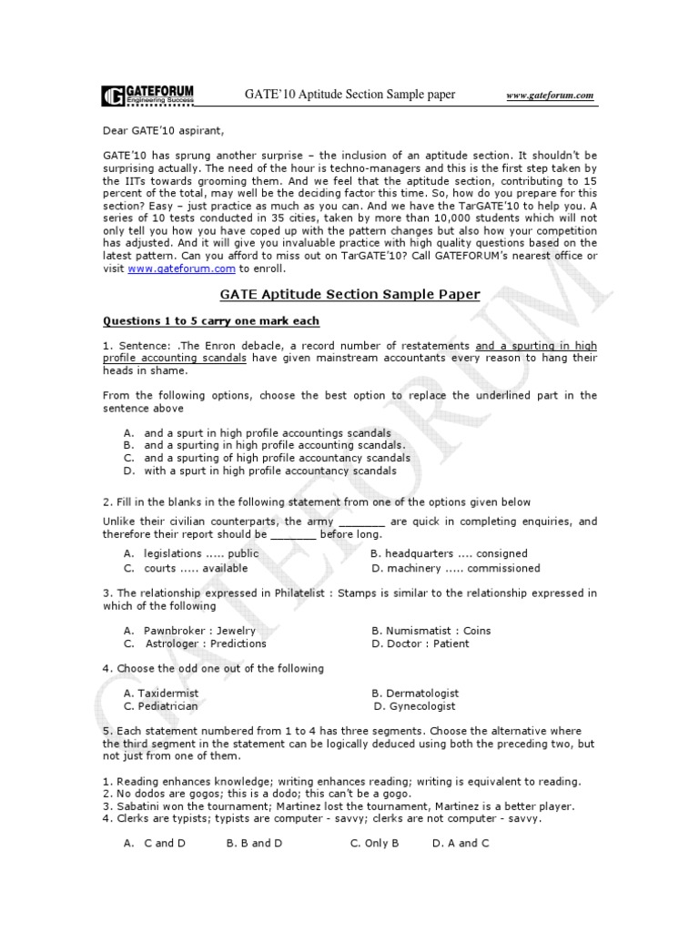GATE'10 Aptitude Sample Paper Guide | PDF | Human Resource Management ...