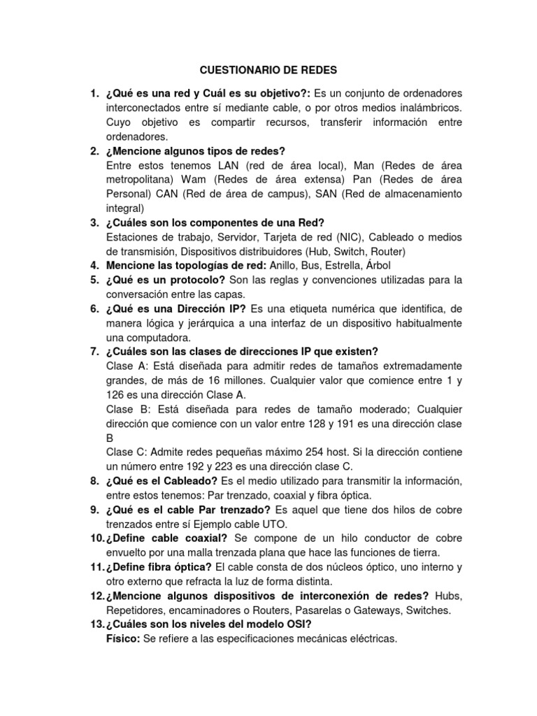 Preguntas Cuestionario de Redes | PDF | Red de computadoras | Ingeniería en telecomunicaciones