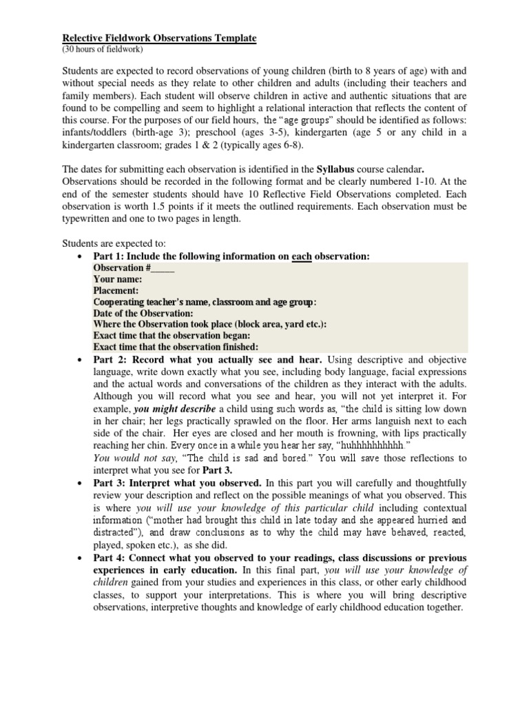 Relective Fieldwork Observations Template | Field Research | Kindergarten