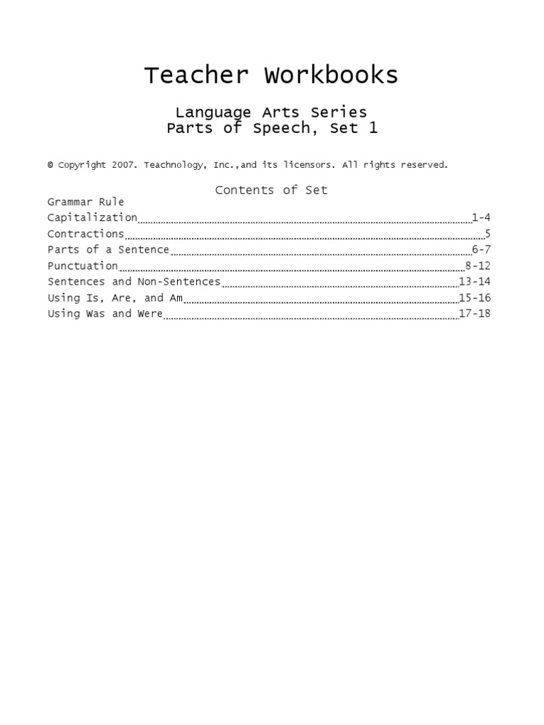Teacher Workbooks: Language Arts Series Parts of Speech, Set 1 | PDF ...