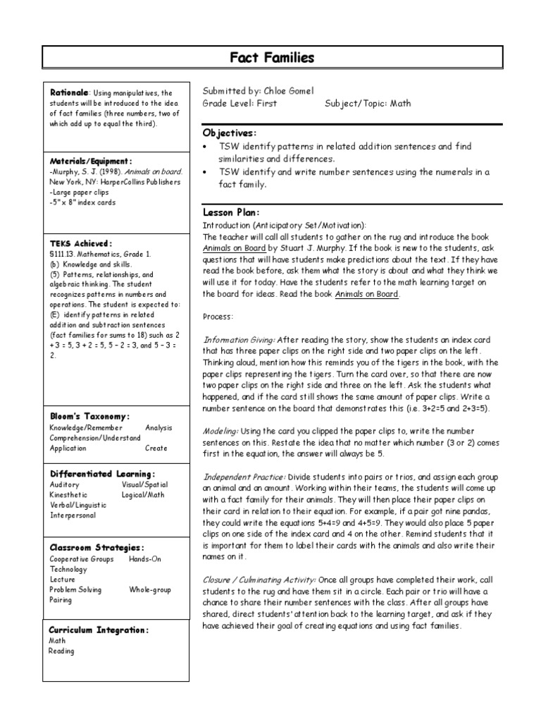 Lesson - First Math Fact Families | PDF | Lesson Plan | Teaching ...
