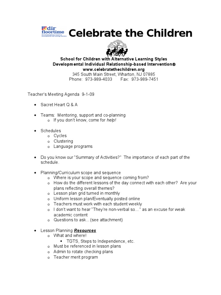 CTC Teacher's Meeting Agenda 9-09 Lesson Plans | PDF | Individualized ...