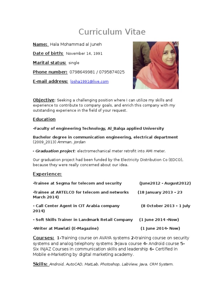 Curriculum Vitae: Name: Date of Birth: Marital Status: Phone Number: E ...