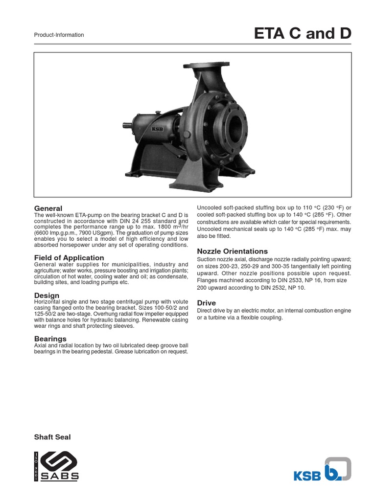 KSB ETA Pump Specifications and Manual | PDF | Bearing (Mechanical ...