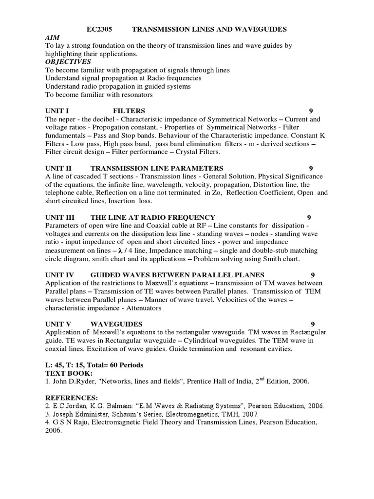 EC2305 Transmission Lines & Waveguides Theory | PDF | Transmission Line ...