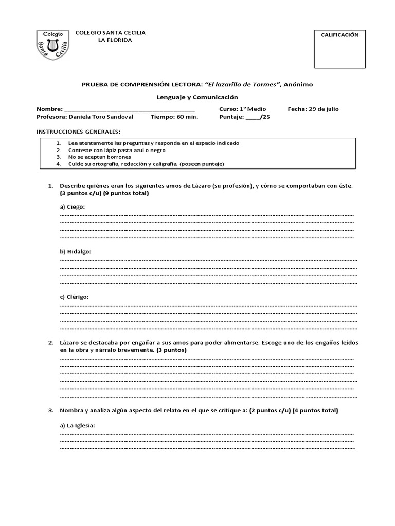 Prueba El Lazarillo de Tormes | PDF