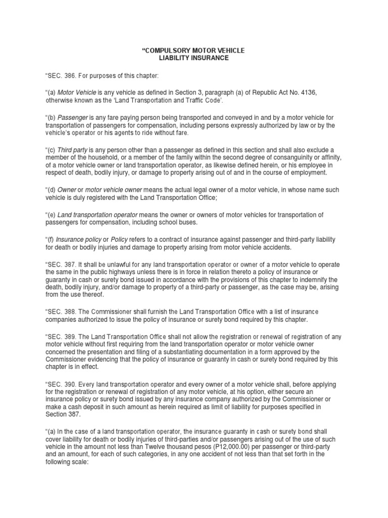 "Compulsory Motor Vehicle Liability Insurance | PDF | Guarantee ...