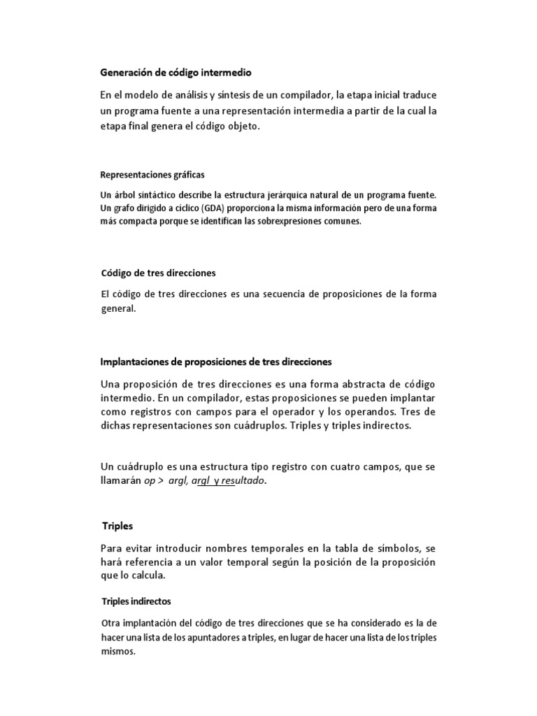 Generación de Código Intermedio Resumen Traductores 2 | PDF ...