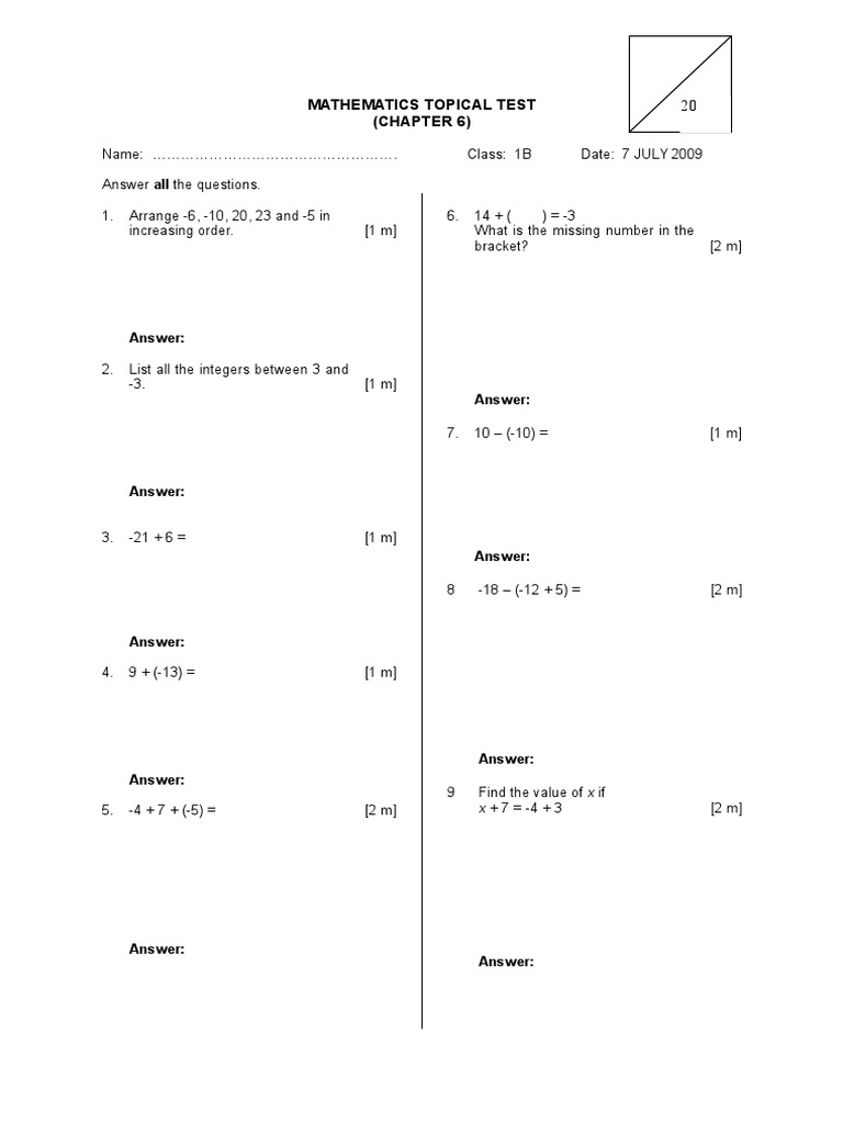 Mathematics Topical Test (Chapter 6) : Answer | PDF | Teaching Methods ...
