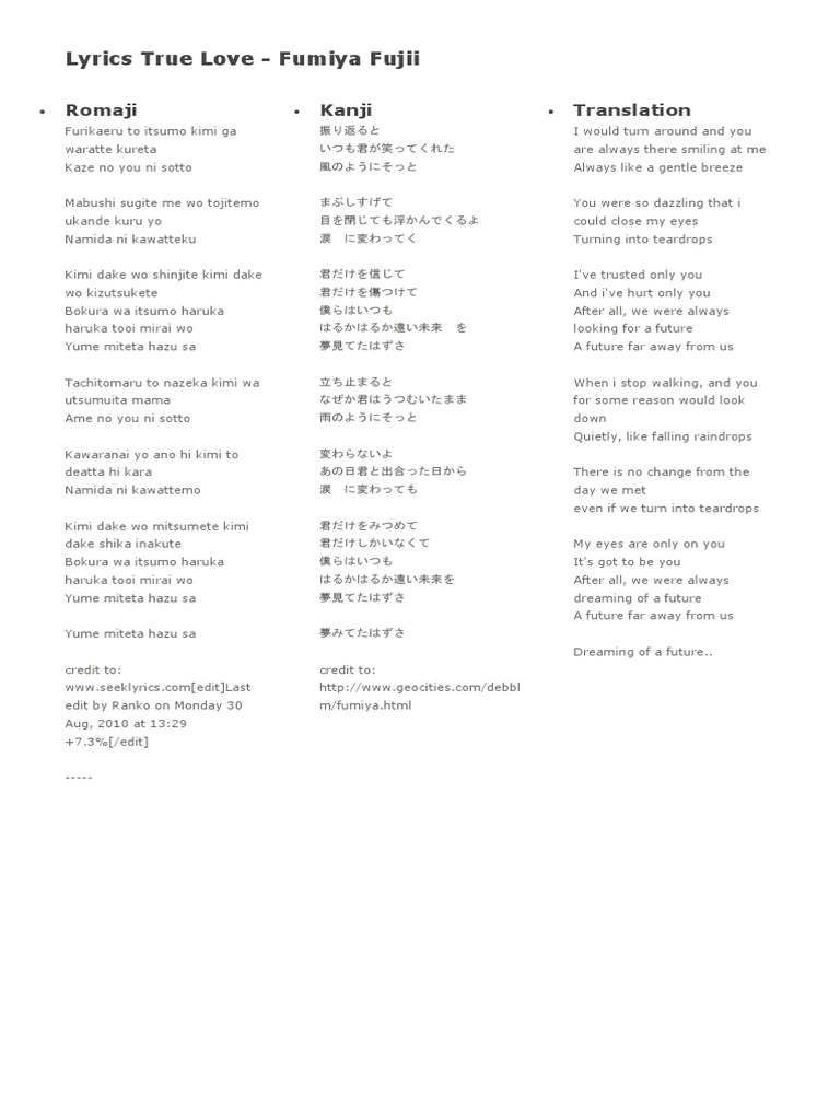 Lyrics True Love - Fumiya Fujii: Romaji Kanji Translation | PDF