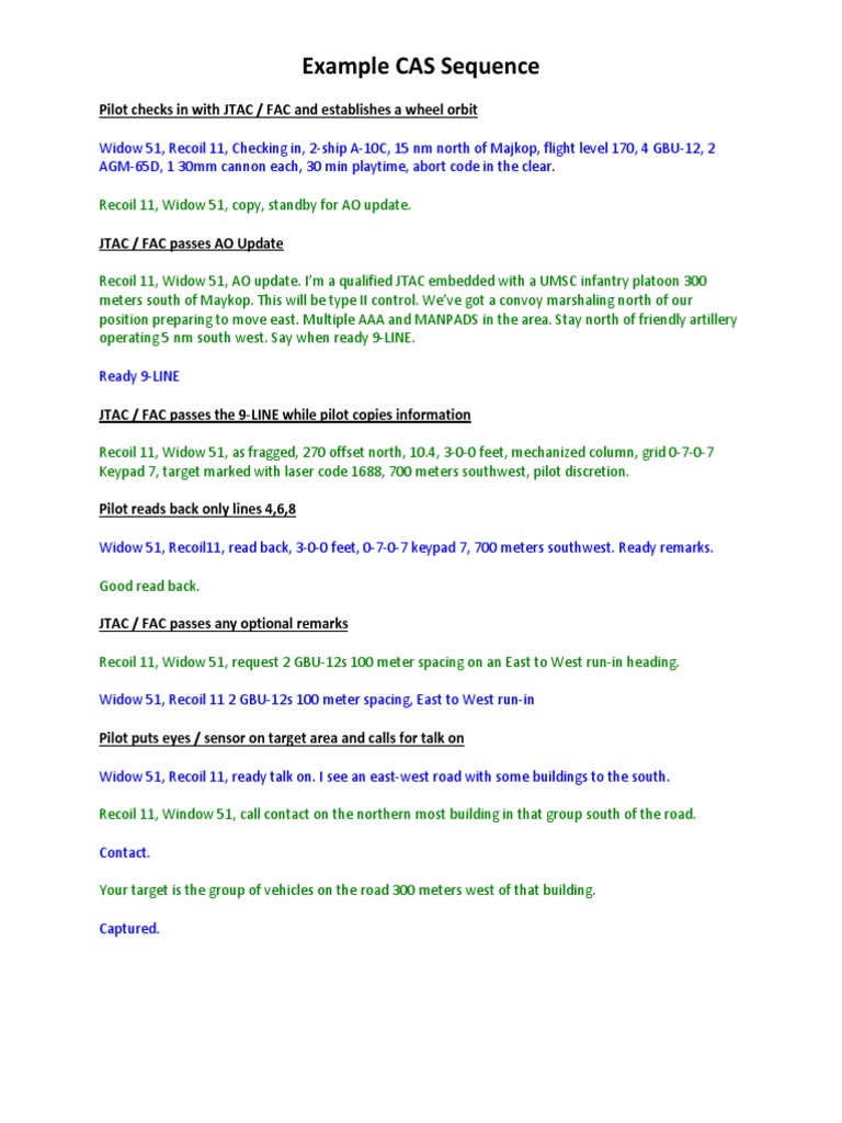Example CAS Comms & 9 Line | PDF | Aviation | Warfare